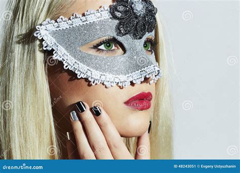 Beautiful Blond Woman In Carnival Maskmasquerade Girlmanicure Stock