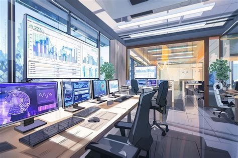 Premium Photo Modern Control Room With Multiple Monitors Displaying Data And Analytics