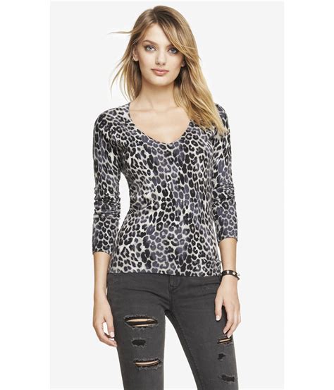 Express Leopard Print Fitted V Neck Sweater In Gray Lyst