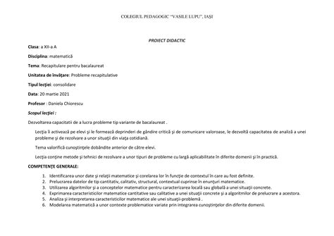 AcademiaABC Proiect Didactic Probleme Recapitulative Clasa A XII A