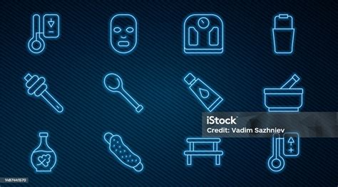 세트 라인 사우나 온도계 박격포 및 유봉 욕실 저울 국자 꿀 국자 스틱 크림 로션 화장품 튜브 및 페이셜 마스크 아이콘 벡터