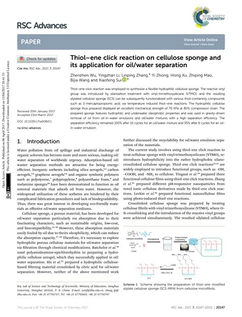 Pdf Thiolene Click Reaction On Cellulose Sponge And Its Application