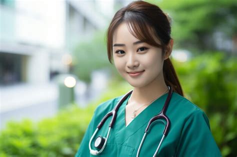 A Woman In A Green Scrub Suit With A Stethoscope Premium Ai Generated
