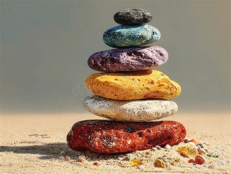 Nine Stacked Rocks Of Varying Colors On A Sandy Surface Arranged In