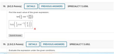 solved 18 [0 2 5 points] find the exact value of the given