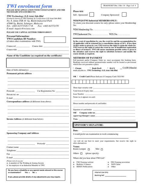 Twi Enrolment Form Rev 18 Pdf Legal Liability Payments