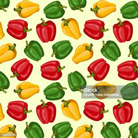 완벽 한 패턴 색상 피망 파프리카 야채 건강 식품 만화 스타일의 피망 직물 섬유 의류 포장지 벽지 포스터용 그래픽 요소 건강한 생활방식에 대한 스톡 벡터 아트 및 기타
