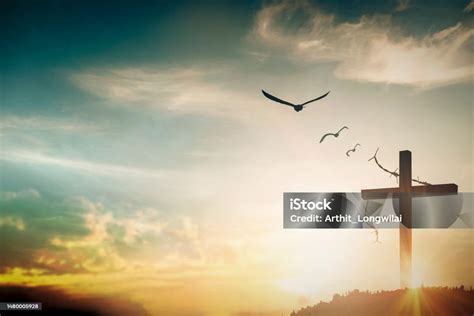 예수 그리스도의 십자가는 성 금요일에 갈보리 일몰 배경에 장벽 와이어를 끊고 부활절 날에 부활하고 노예 희망 예배는 하나님