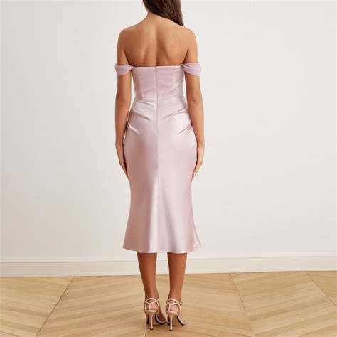 Satin Off Shoulder Corset Midi Dress Shopaleena