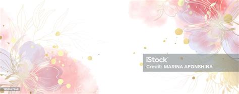 고급스러운 황금 벽지 꽃과 배너 흰색 배경에 수채화 핑크 블루 라일락 반점 반짝이는 꽃과 나뭇 가지 벡터 파일입니다 꽃 식물에