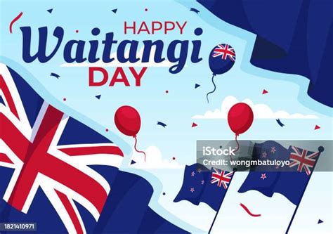 행복 한 Waitangi 데이 벡터 일러스트 레이 션 2 월 6 일 뉴질랜드 국기와지도 공휴일 평면 만화 배경 디자인