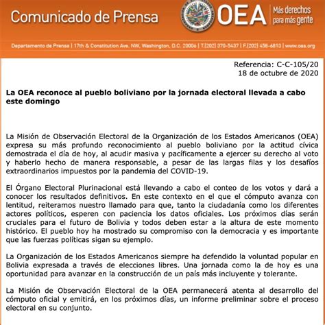 La OEA constató una jornada electoral pacífica en Bolivia y pidió calma a la espera de los
