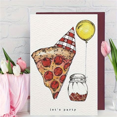 Temu｜가족과 친구들을 위한 파티 모자 풍선이 달린 1장의 피자 테마 생일 축하 카드 모든 행사에 적합 Diy 생일 카드 생일 카드 생일 인사말