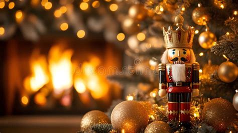Classic Toy Soldier Nutcracker Figure Against Christmas Tree With Xmas Light In Decorated