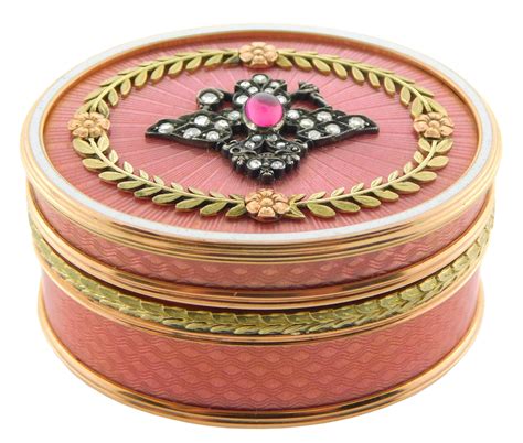 Lot K Yellow Gold And Pink Guilloche Enamel Pill Box In The Manner Of Faberge Th C With