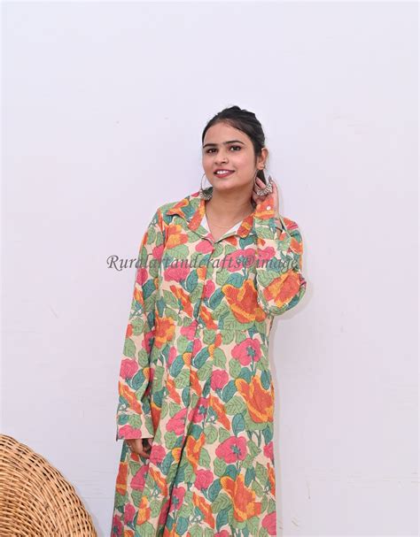 Handmade Cotton Block Print Shirt Floral Print Long Shirt Dress Etsy