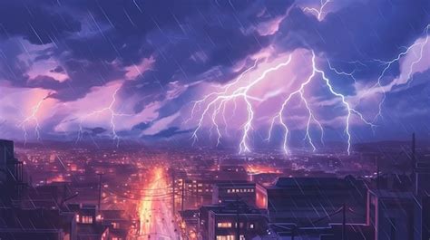 Uma Tempestade De Raios Em Uma Cidade à Noite Conceito De Fantasia
