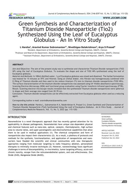Pdf Green Synthesis And Characterization Of Titanium Dioxide Nanoparticle Tio2 Synthesized