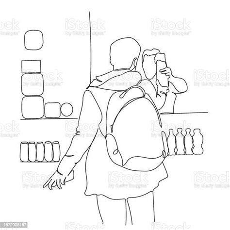 배낭을 메고 길거리 판매점에서 패스트푸드를 집어드는 남자 휴대 전화를 손에 들고 관광 라인 아트 스타일의 흑백 벡터 그림입니다