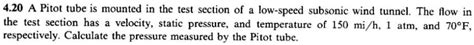 420 A Pitot Tube Is Mounted In The Test Section Of Low Speed Subsonic Wind Tunnel The Ilow In