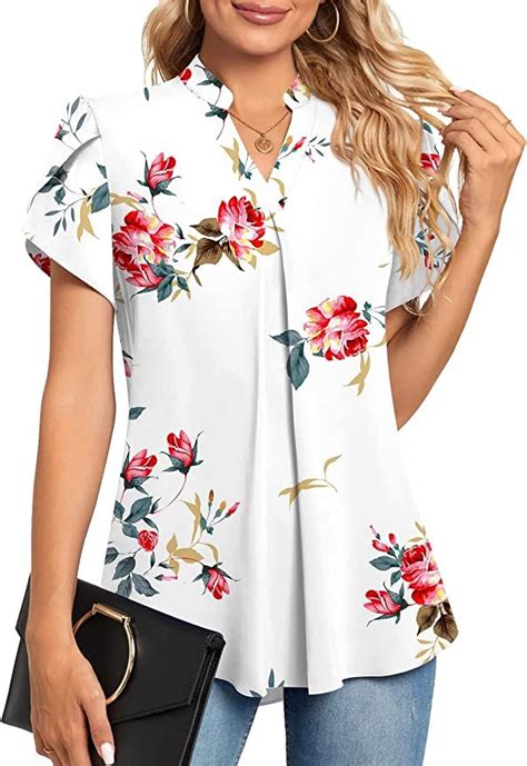 Anyhold Womens Summer Dressy Chiffon Blouse Notch V Neck Petal Sleeve