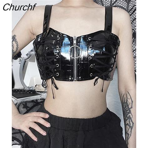 Churchf Sexy Pu Camisole Top Y2k Grunge Gothic Black Tanks Bandage