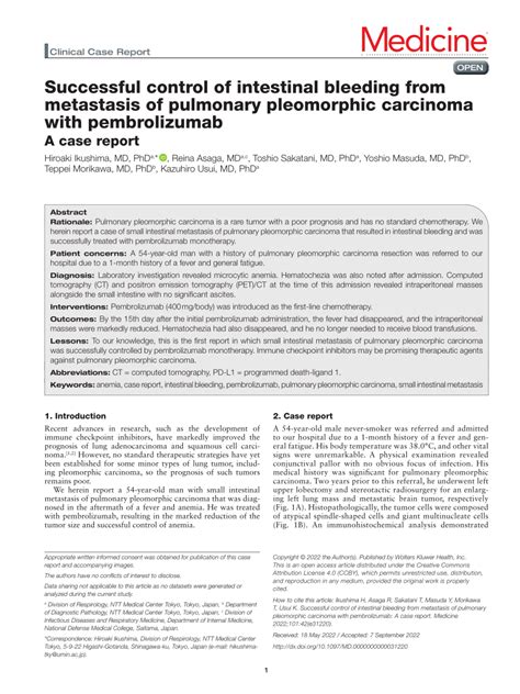 Pdf Successful Control Of Intestinal Bleeding From Metastasis Of