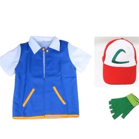 Pokemon Ash Ketchum Cosplay Costume Blue Jacket Gloves Hat Ash