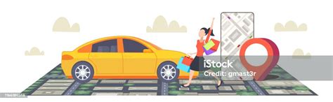 스마트 폰 주문 택시 모바일 네비게이션 앱 도시지도 카 공유 개념 도시 경관 상단 각도보기 평면 전체 길이 수평에 위치 Gps 위치 Mobility As A Service에