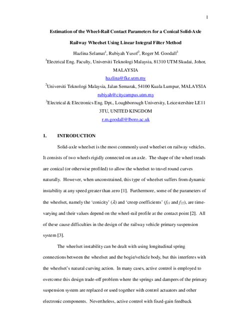 pdf estimation of the wheel rail contact parameters for a conical solid axle railway wheelset