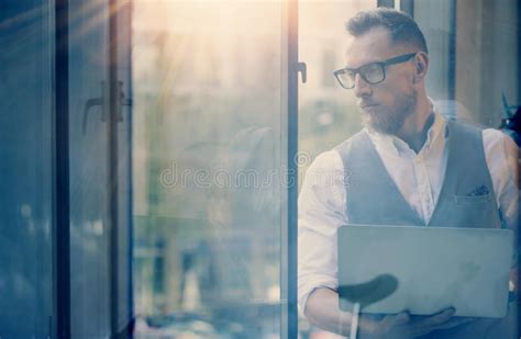 Young Bearded Businessman Wearing Glasses White Shirt Waistcoat Holding