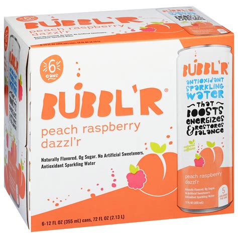 Bubblr Antioxidant Sparkling Water Peach Raspberry Dazzlr 12 Fl Oz 6 Pack Cans