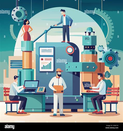 A Colorful Illustration Depicting People Working With Industrial Machinery Highlighting The
