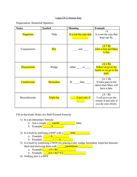 Sentential Operators Study Guide Logic Ch Answer Key Organization