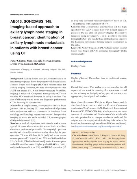 Pdf Ab013 Soh23abs148 Imaging Based Approach To Axillary Lymph Node Staging In Breast