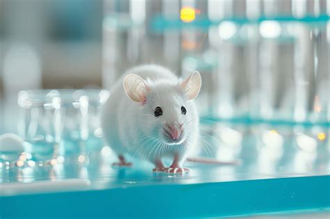 High Quality Image Of A White Laboratory Mouse With Test Tubes On A