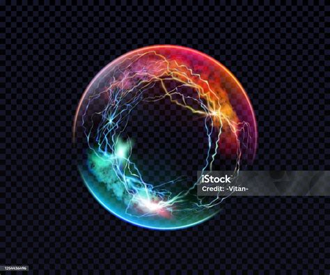 전기 공 번개 원 번개 벡터 전기 방전 효과 파란색과 보라색 색상의 라이트 구는 검은색 배경에 격리되어 있습니다 플래시 플라즈마 볼 에너지 또는 포털 벡터 연료 및 전력