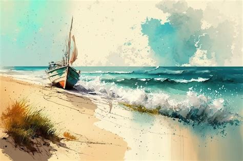 Bateau De Paysage Naturel Marin Sur La Mer Ou Locéan Illustration