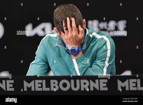 January 13 2024 Novak Djokovic Reacts At His Pre Tournament Press
