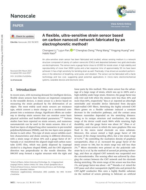 Pdf A Flexible Ultra Sensitive Strain Sensor Based On Carbon Nanocoil Network Fabricated By