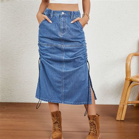 Rciityk Blue Long Blue Jean Skirt For Women Elastic Waist Side