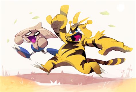 Safebooru Claws Electabuzz Fang Grass Highres Hitmontop Horns Motojima Hakka No Humans Open