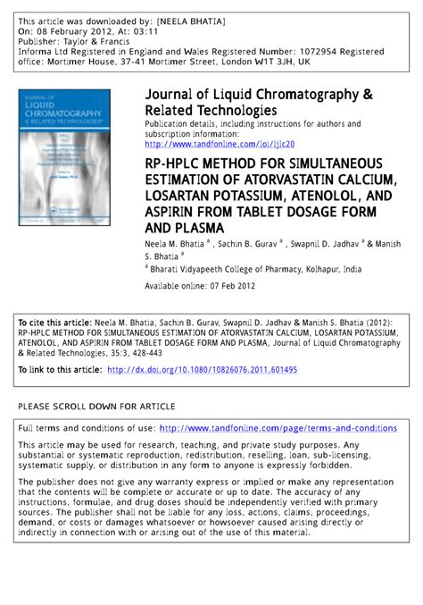Pdf Journal Of Liquid Chromatography And Related Technologies Rp Hplc Method For Simultaneous