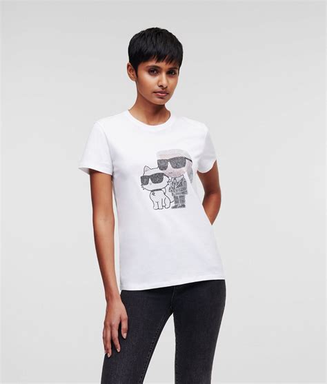 Karl Lagerfeld Ikonik 20 Rhinestone Karl And Choupette T Shirt In White