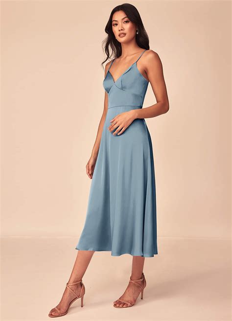 Dusty Blue Azazie Dottie Stretch Satin Dress Bridesmaid Dresses Azazie