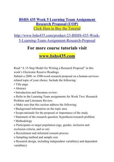 BSHS 435 Week 5 Learning Team Assignment Research Proposal