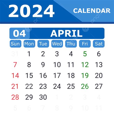 Hình ảnh Lịch Tháng 4 Năm 2024 Màu Xanh Vectơ Png Tháng Tư 2024