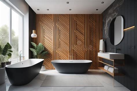 Interior Of Modern Bathroom With Gray And Wooden Walls Concrete Floor