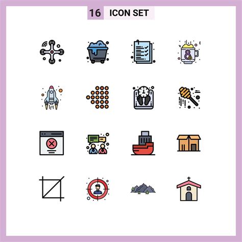 Mobile Interface Flat Color Filled Line Set Of 16 Pictograms Of Launch Start Clipboard Rocket