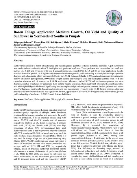 Pdf Boron Foliage Application Mediates Growth Oil Yield And Quality